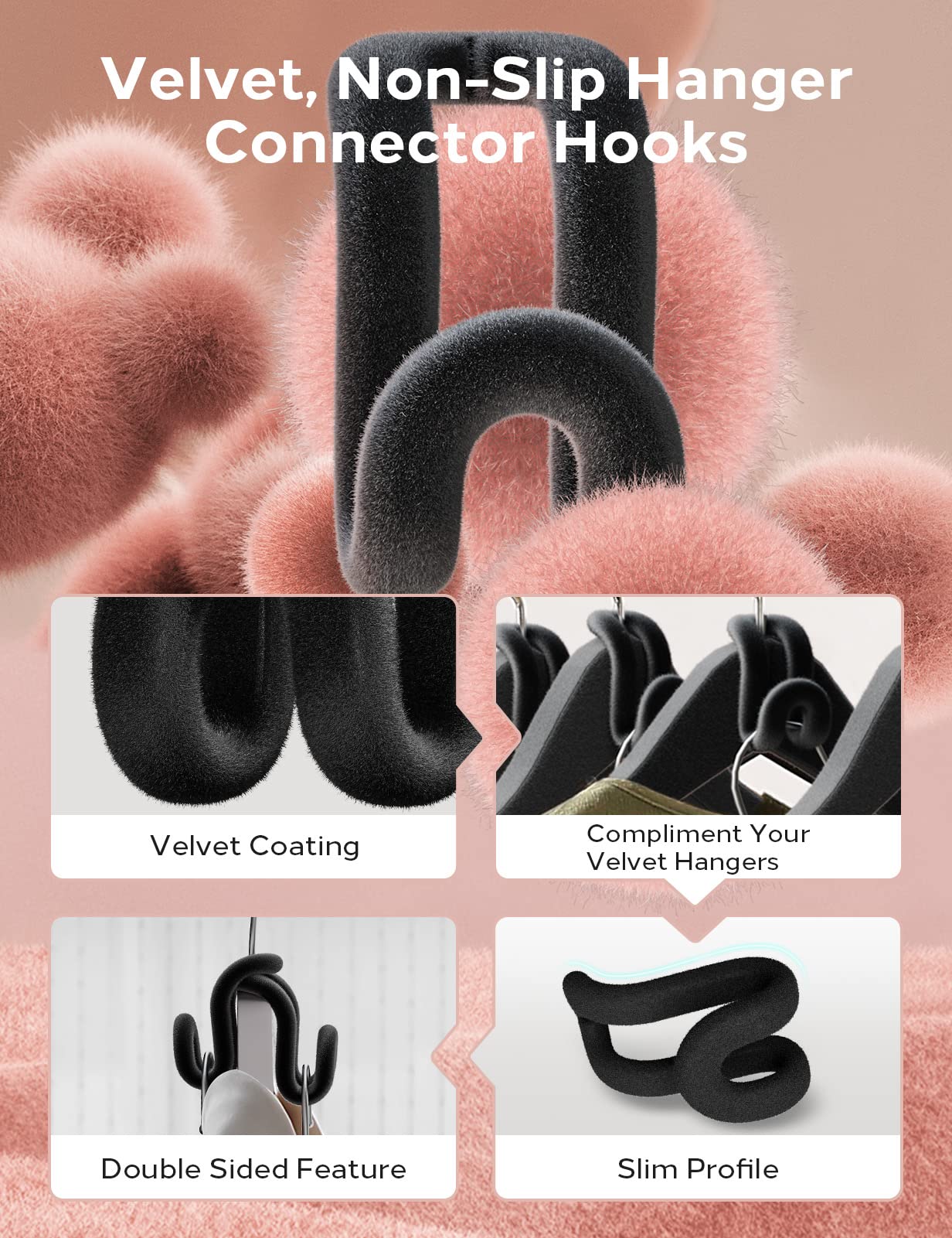 No-Slip Velvet Clothes Hanger Connector Hooks [for Velvet & Multiple Hangers] Space Saving Hanger Hooks Space Saver Hanger Extender Hooks Clothes Hanger Hooks for Clothes Closet Hanger Hooks, 40 PCS