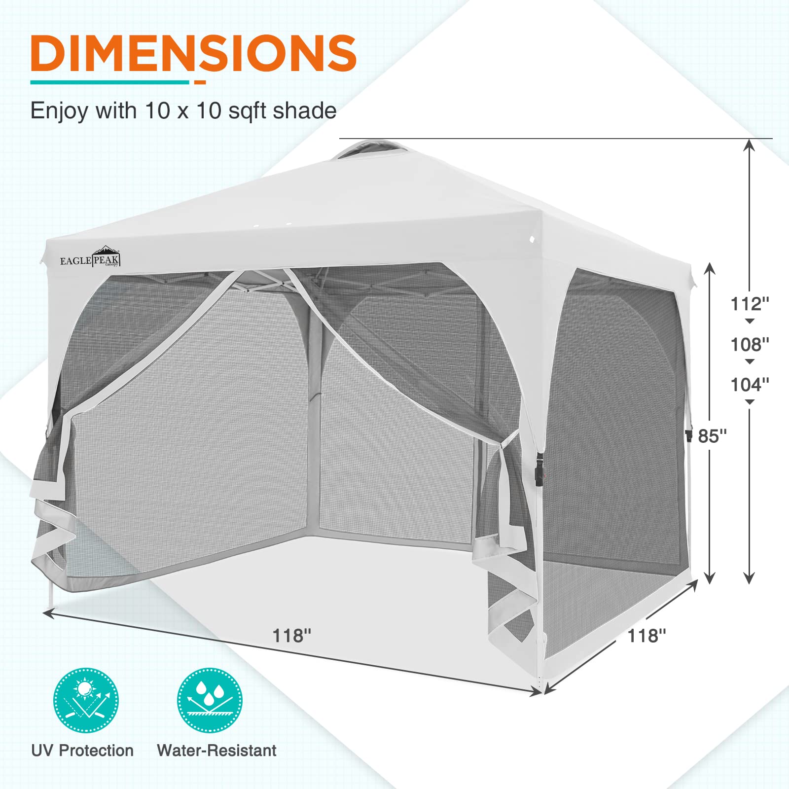 EAGLE PEAK 10' x 10' Outdoor Pop Up Canopy Tent, Pop Up Screenhouse, Portable Sun Shelter with Mosquito Netting, Vented Top and Wheeled Carrying Bag, White