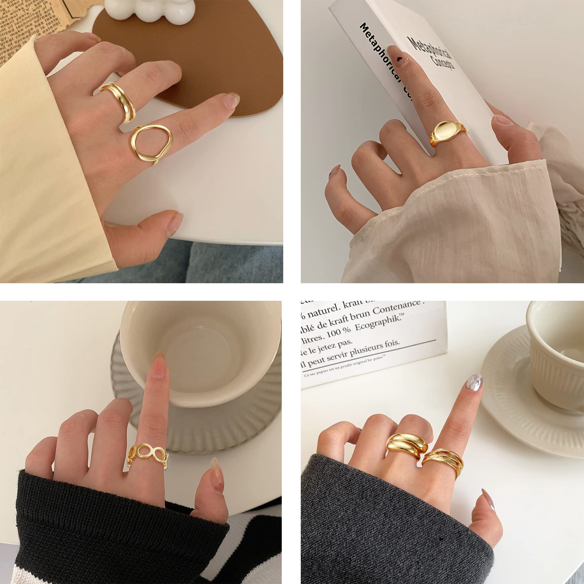 FIBO STEEL 16PCS Gold Dome Chunky Rings for Women 18K Gold Plated Croissant Braided Twisted Stacking Round Signet Adjustable Open Rings Set Size 6-9