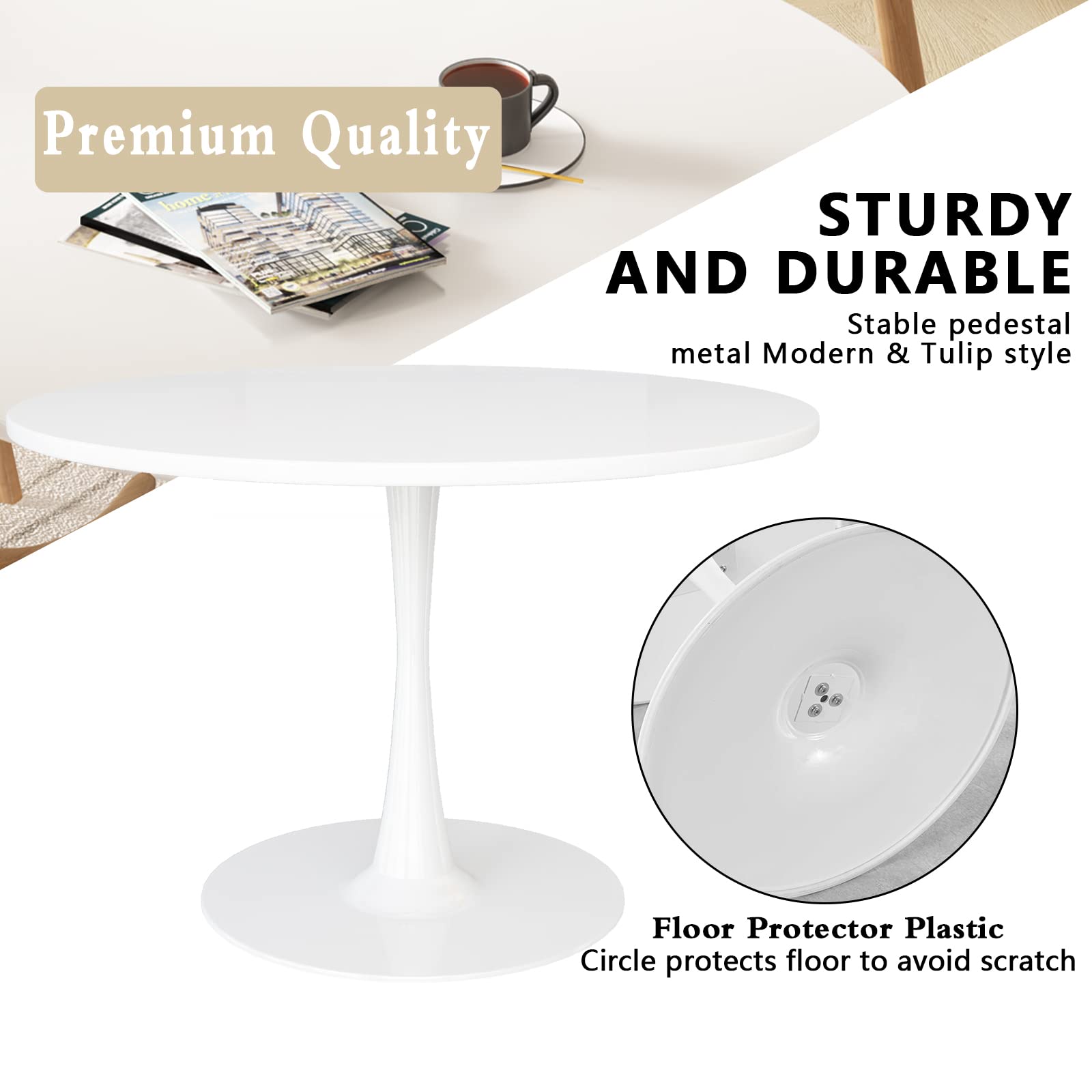 DKLGG White Round Dining Table, 42.1" Tulip Table Kitchen Dining Table 4-6 People with MDF Table Top & Pedestal Base, Mid-Century End Table Leisure Coffee Table Office Living Room Table