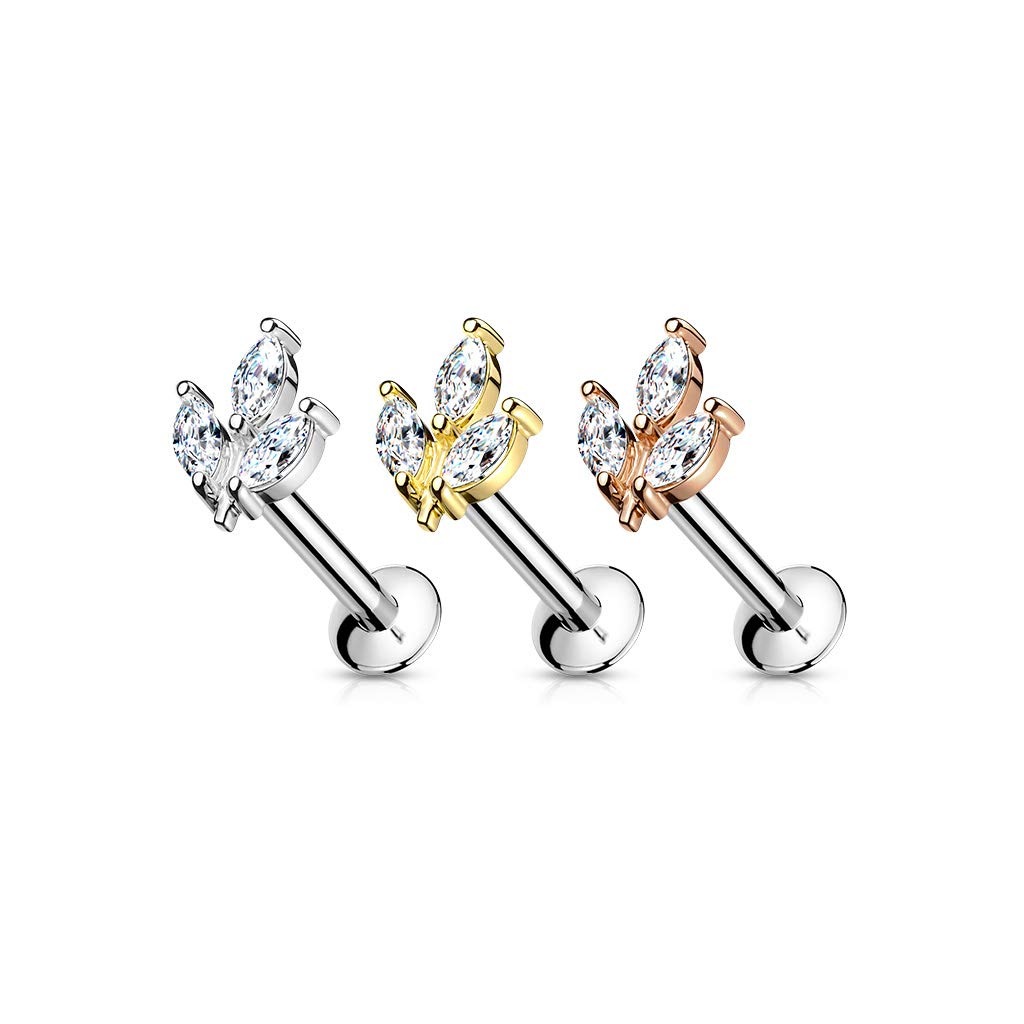 Dynamique 3 Marquise CZ Prong Set Threadless Top 316L Surgical Steel Push in Style Labret, Flat Back Stud (Sold Per Piece)