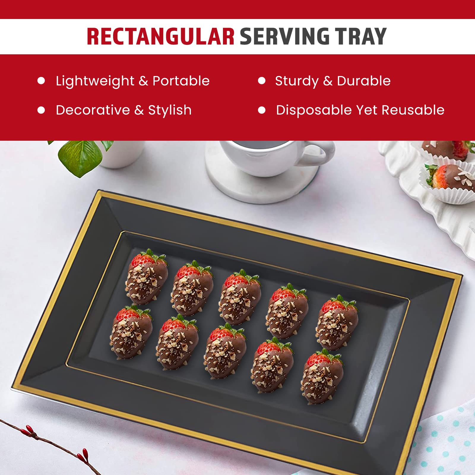 Hard Plastic Serving Tray Set, Black & Gold Rim Disposable Serving Trays & Platters for Food, Large Plastic Trays for Parties, Weddings, Food Trays for Cookies, Dessert, 8" x 13", 4 Pack