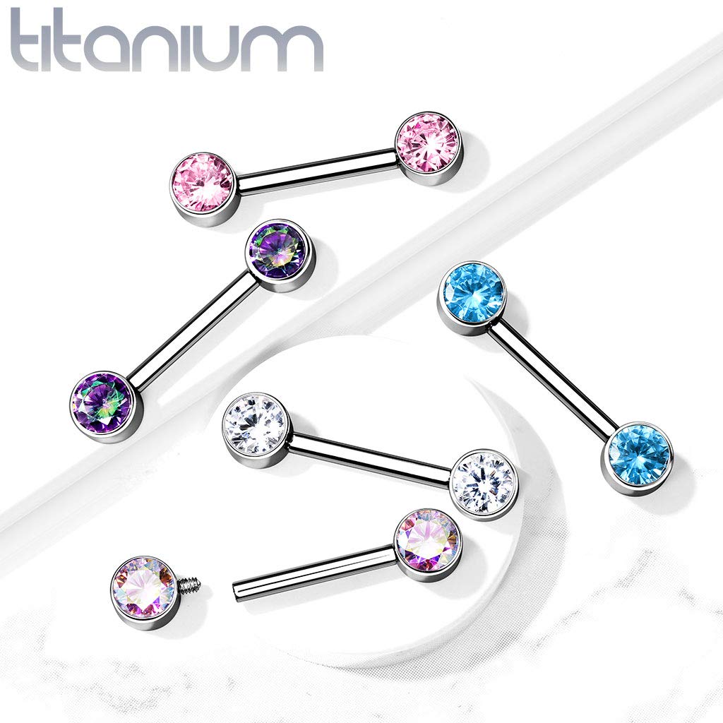 Dynamique Implant Grade Titanium Nipple Barbells With CZ Bezel Set Internally Threaded Ends (Sold Per Pair Or Per Piece)