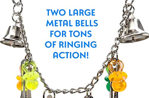 Mandarin Bird Toys 1022 Super Spooner Ringer by M&M Handmade Stainless Steel Noisy Versatile Aviary Toy, Shiny Spoons, Acrylic Pacifiers, Metal Bells, Great for Medium Pets African Grey Conure Quaker