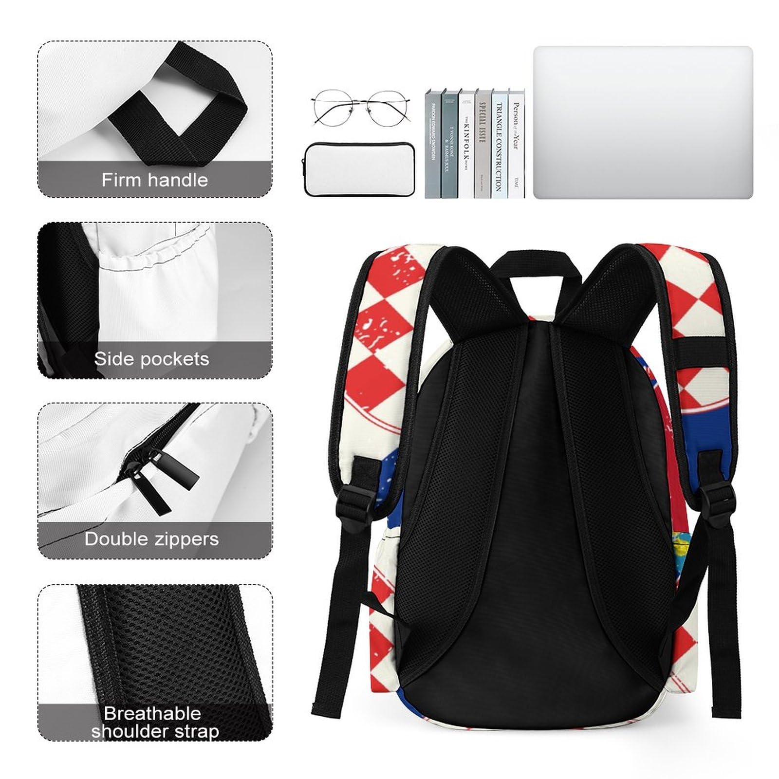 Florally Novelty Backpack Casual Anti-Theft Laptop Backpack Compatible with Croatian Grunge Flag, Lightweight Outdoor Shoulder Daypack Great Gift for Men Women