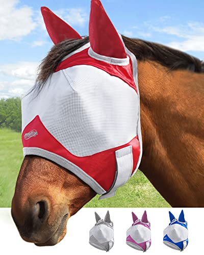 Maskology Horse Fly Mask Standard with Ears UV Protection for Horse Red XL