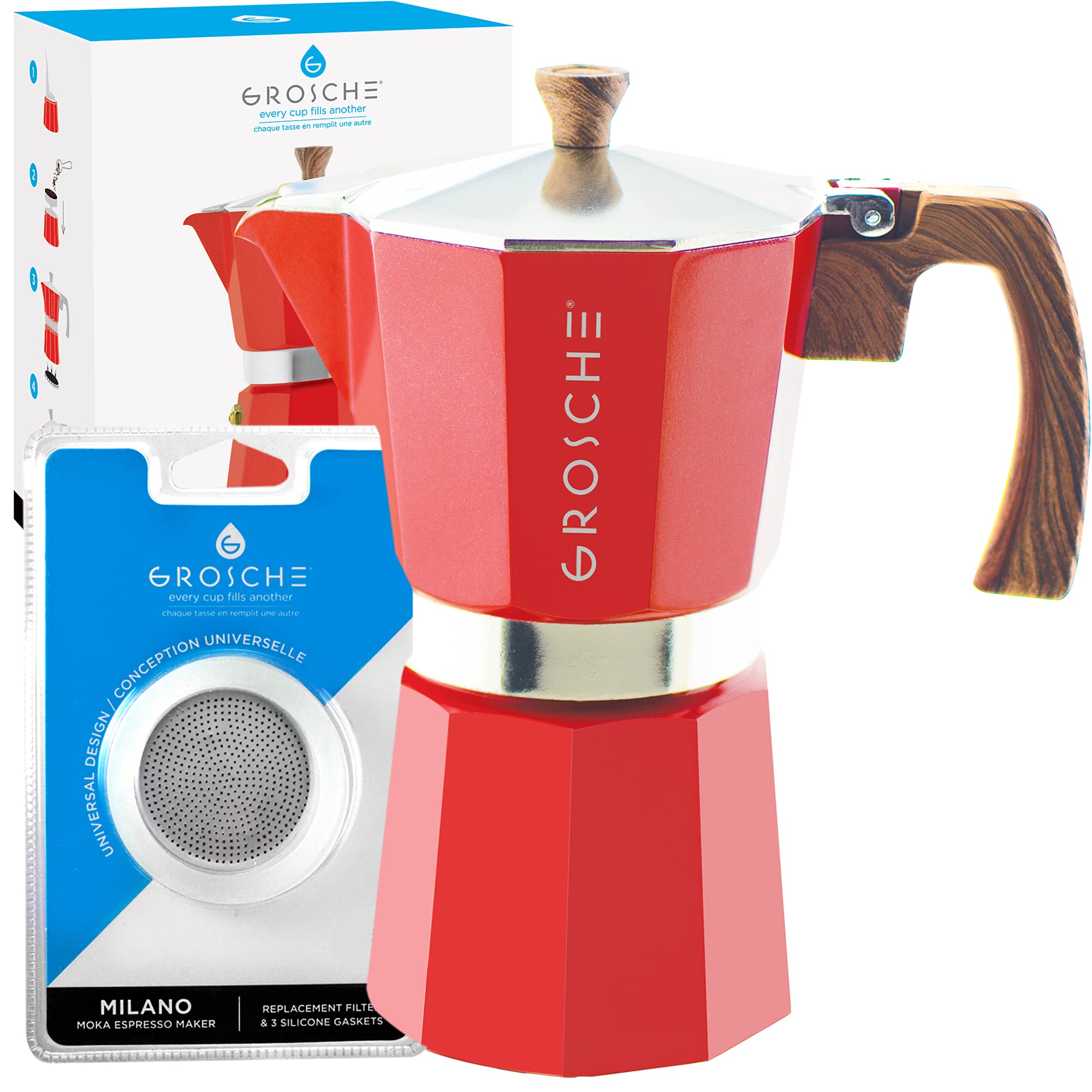 GROSCHE Milano Stovetop Espresso Maker Moka pot 9 espresso Cup - 15.2 oz, Red and 3 Replacement Seals Gaskets Bundle Stove top coffee maker Moka Italian espresso coffee maker and replacement gaskets