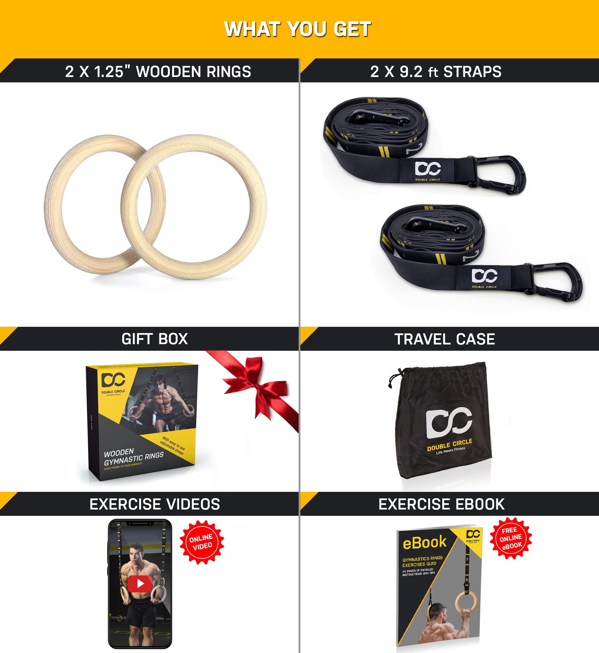 Double Circle Wood Gymnastic Rings 1.25 Inch, with Quick Adjust Numbered Straps and Exercise Videos Guide for Full Body Workout, Crossfit, and Home Gym
