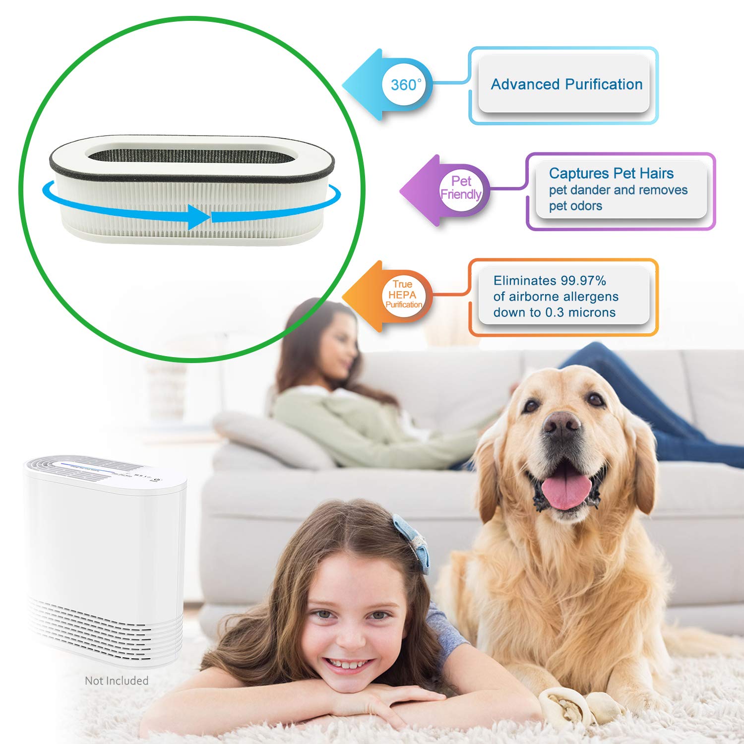 Flintar RP-AP068 3-in-1 H13 Grade True HEPA Replacement Filter, Compatible with RENPHO Compact Air Purifier RP-AP068, 2-Pack