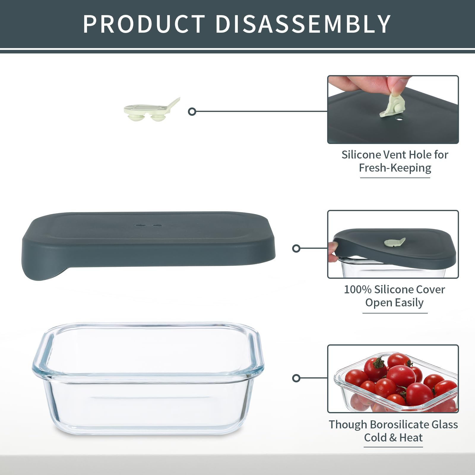 emolife Small Glass Food Storage Containers, 12-Pack Meal Prep Containers with Silicone Lids, Freezer to Microwave Safe, Grey Set