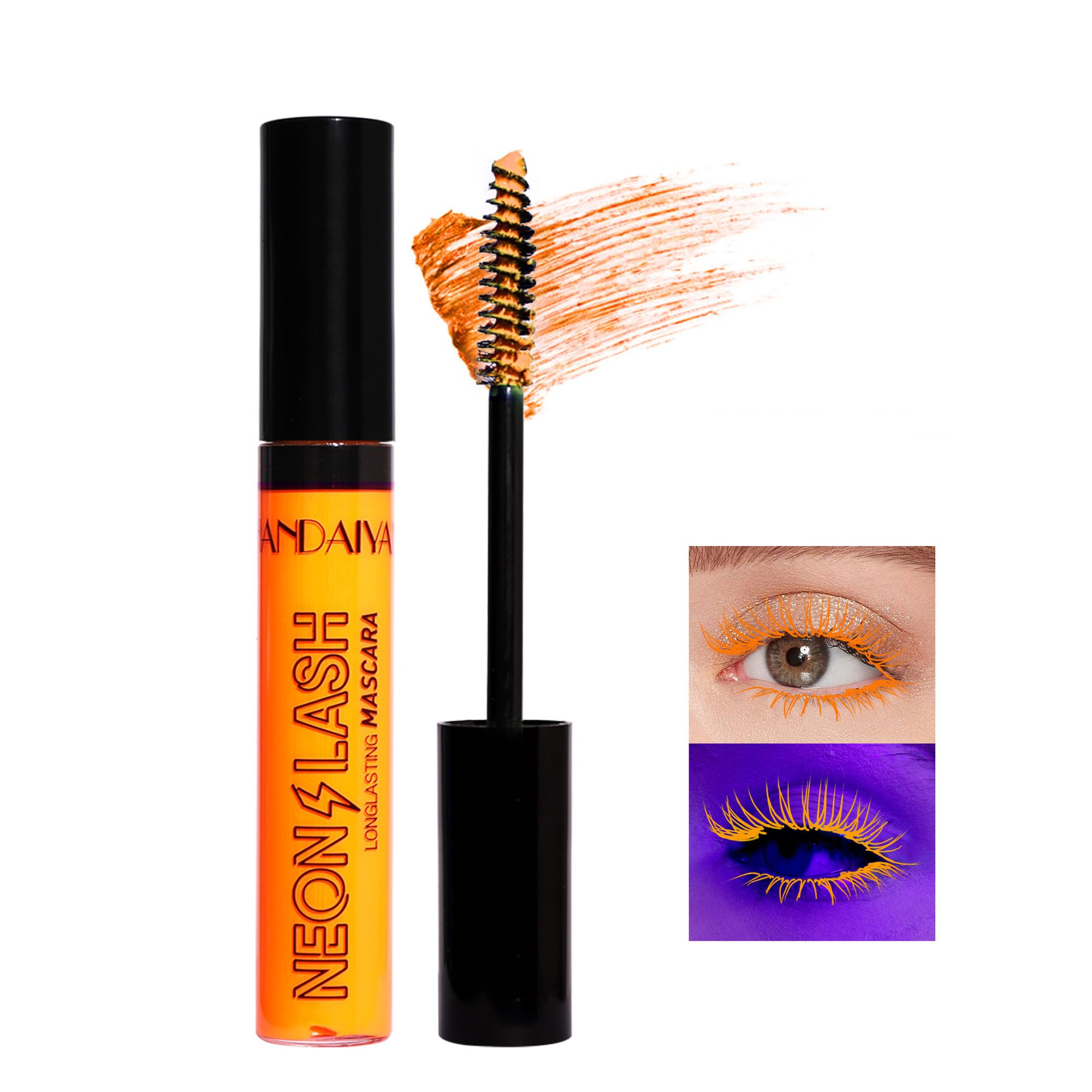 Easilydays UV Glow Blacklight Colored Mascara for Eyelashes, Colorful Waterproof Fluorescent Mascara for Eyelashes Long lasting Charming Voluminous Mascara for Women, Day or Night Stage, Clubbing, Halloween Eye Makeup (#03 Orange)