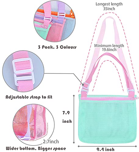 Orga'Neat Mesh Beach Shell Bag for Kids Sea Shell Collecting, Sand & Water Falls Through, Fast Dry Mesh Toy Bag for Girls Boys Picking Up Shells -3 Pack