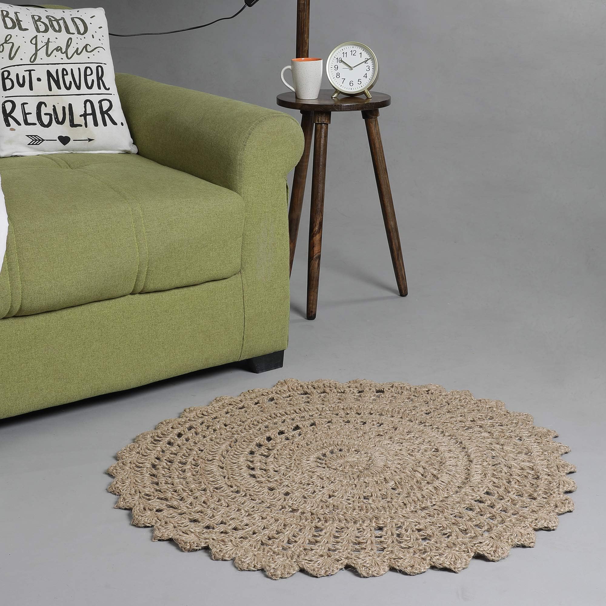 THE BEER VALLEY Jute Crochet Hand Woven Rug, 3' Round - Natural, Anti Slip Handmade Scalloped Small Accent Rugs for Patio, Kitchen Boho Décor - 3 Feet Round