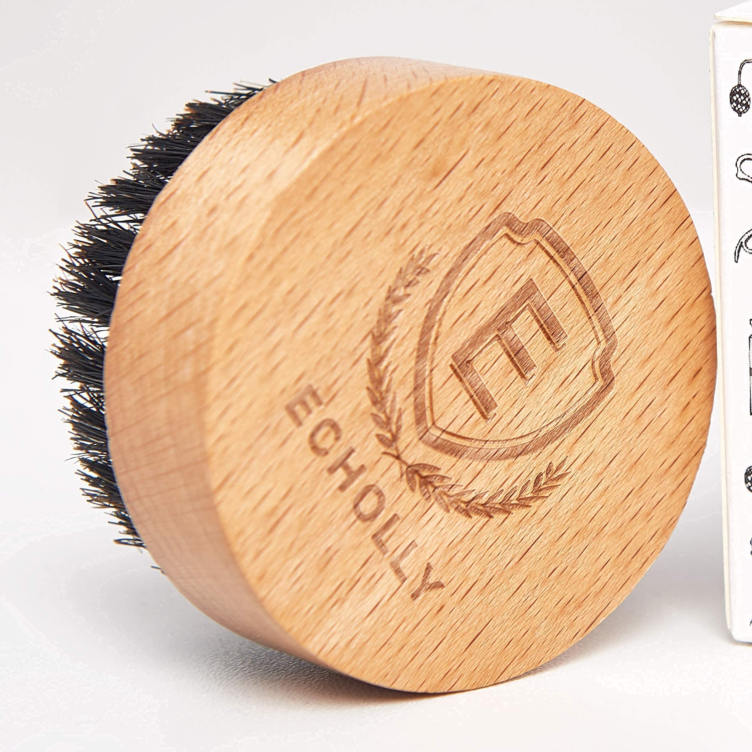 ECHOLLY Wood Beard Brush for Men - Boar Bristles Small and Round - Beard Balm and Beard Oil Application Brush