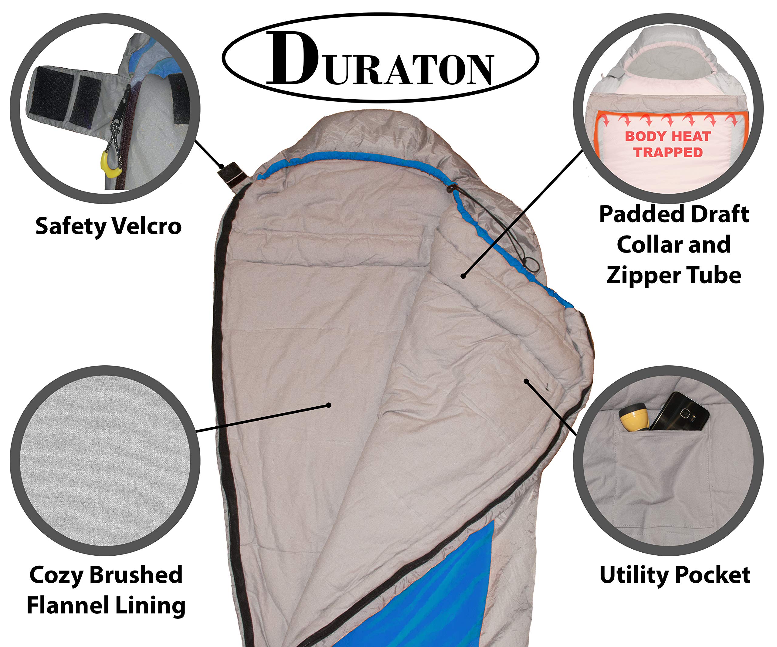 Duraton Mummy Sleeping Bag 20 Degree Weather, Lightweight with Compression Sack for Camping or Backpacking, Warm for Both Adults and Kids (Blue)