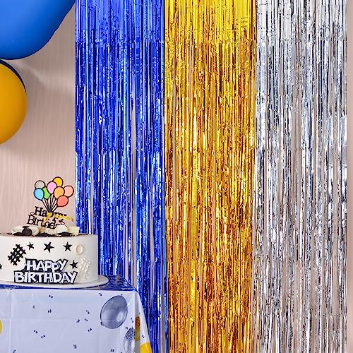 LOLStar 2 Pack Navy Blue Gold and Silver Party Decorations 3.3X6.6 ft Each Foil Fringe Tinsel Curtains Backdrop, Streamers - Perfect for Birthdays, Showers, Retirement, Graduations, Weddings