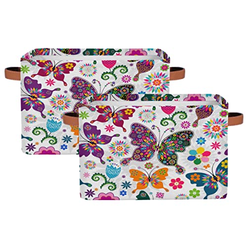 Pardick Floral Butterfly Large Collapsible Storage Bins ,Flying Butterfly Decorative Canvas Fabric Storage Boxes Organizer with Handles,Rectangular Baskets Bin for Home Shelves Closet Nursery Gifts