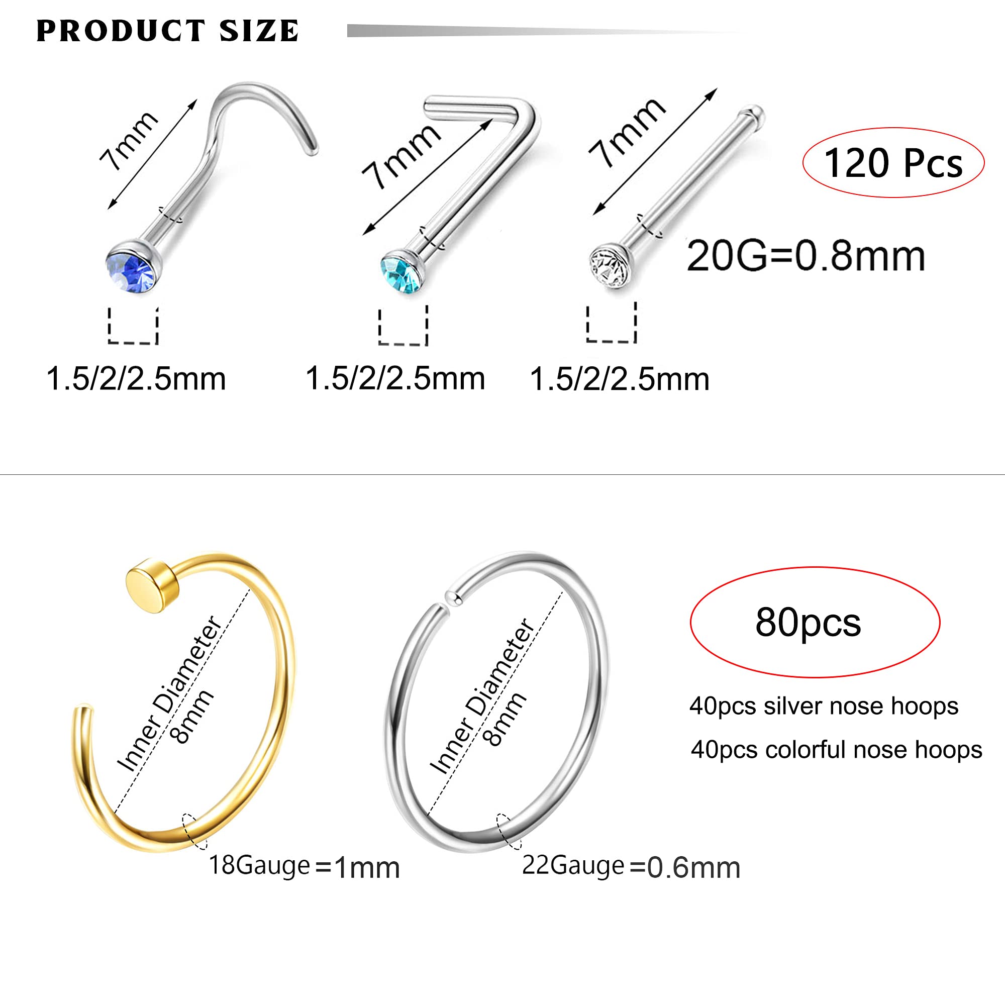 FIBO STEEL 200 Pcs Nose Ring Studs Set For Women Men 316L Stainless Steel Hoops L Shaped Screw Bone Piercing Jewelry 20G 22G 1.5mm 2mm 2.5mm