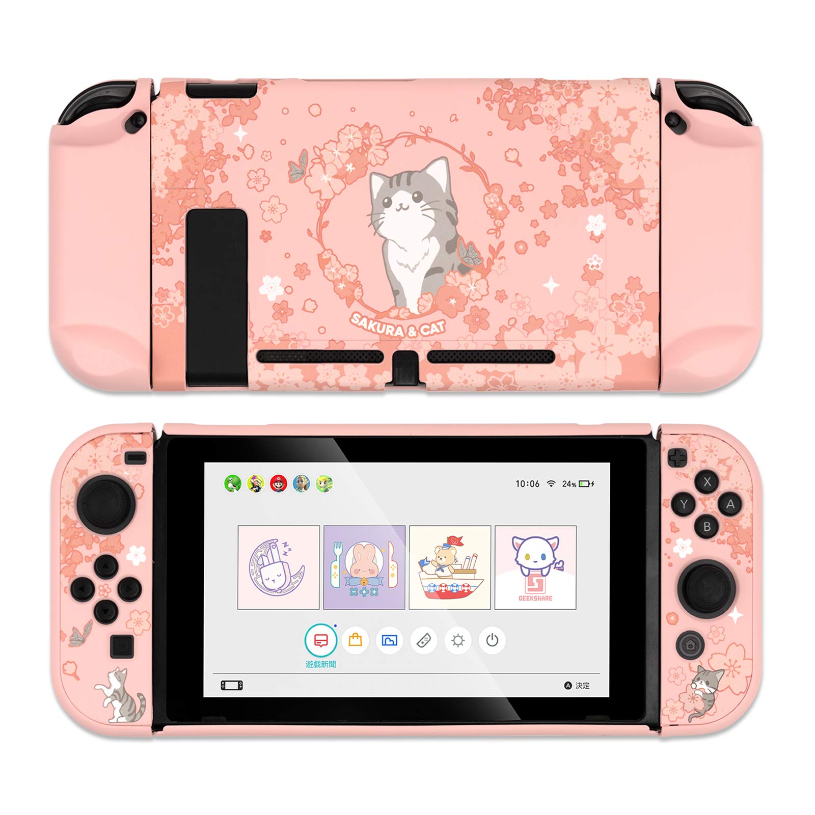 GeekShare Protective Case Slim Cover Case Compatible with Nintendo Switch and Joy Con - Shock-Absorption and Anti-Scratch - Sakura cat