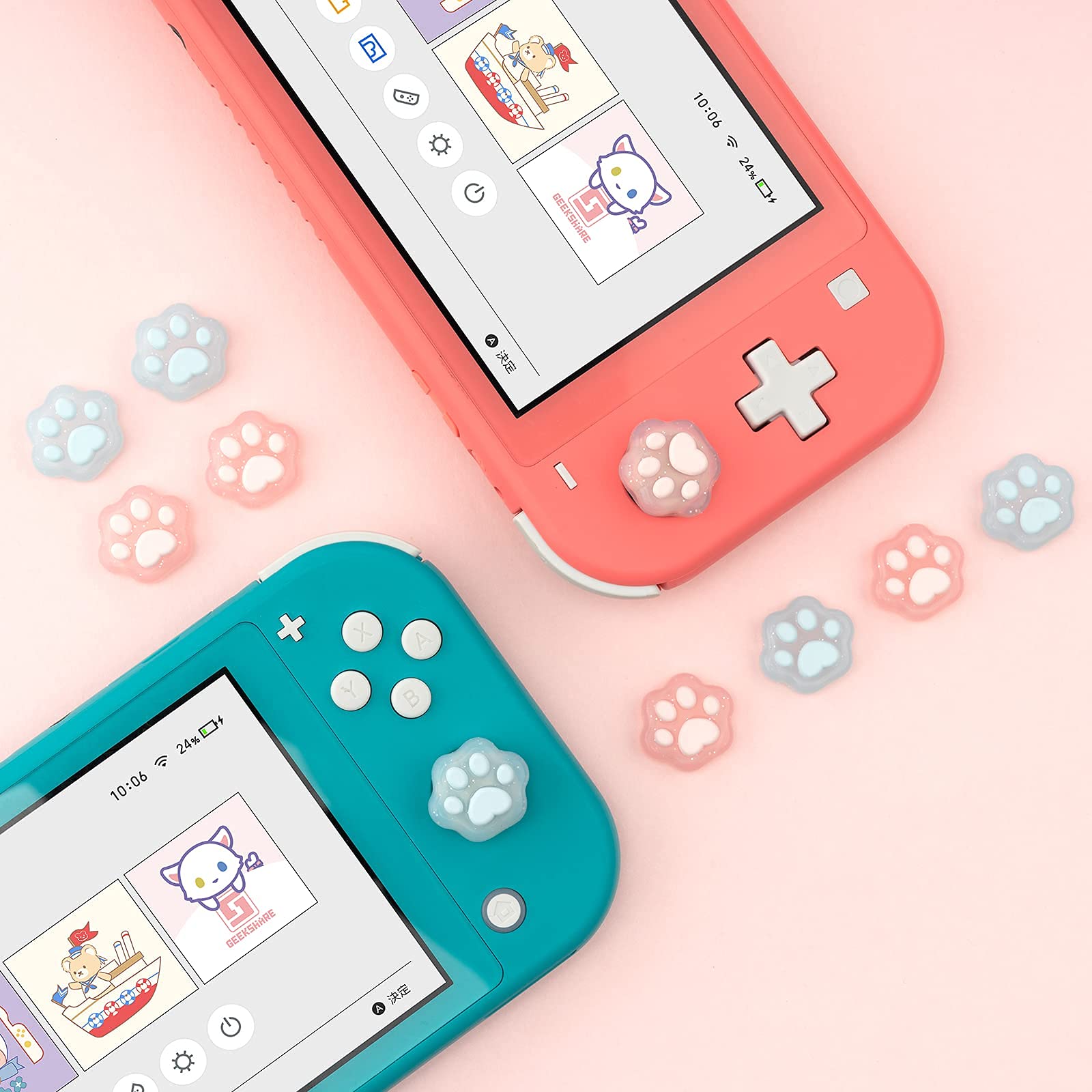 GeekShare Soft Silicone Cat Paw Thumb Grip Caps, Compatible with Nintendo Switch/OLED/Switch Lite - 4PCS (Glitter)