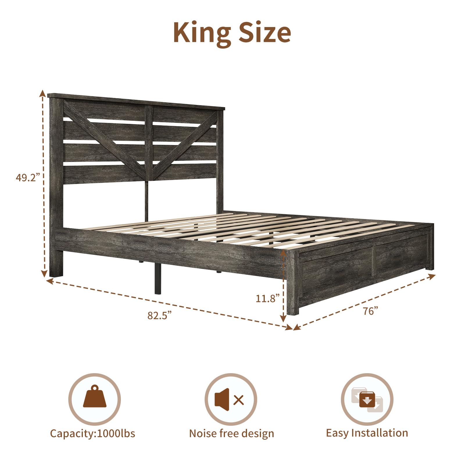 LUXOAK King Size Farmhouse Wooden Bed Frame, Platform Bed Frame with 49.2" Headboard/No Box Spring Needed/Noisy Free/Easy Assembly/Grey