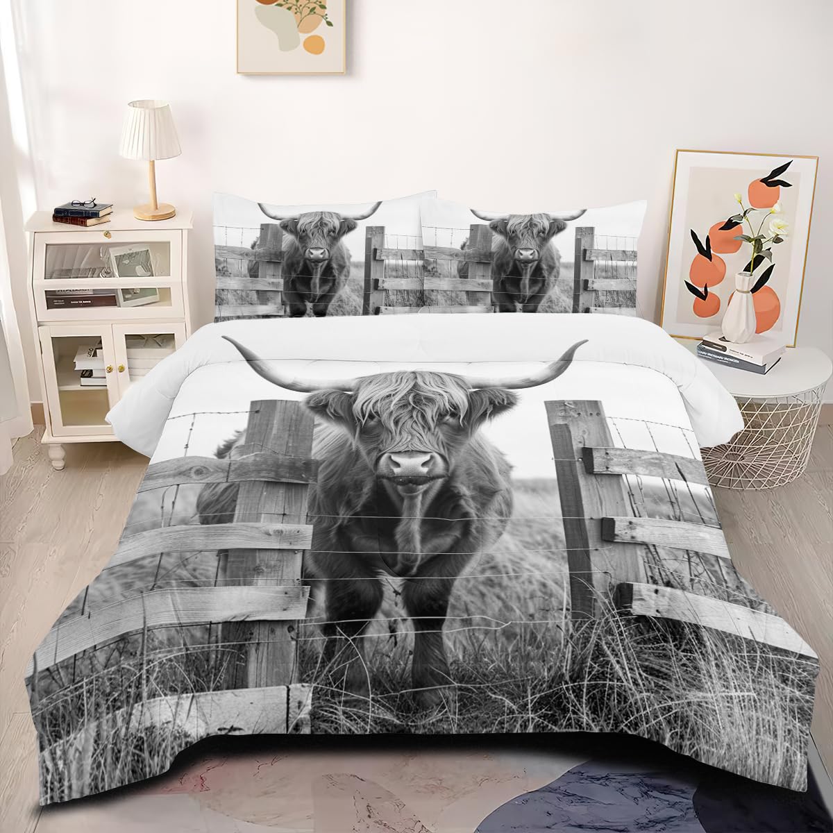 Menkala Grey Cow Queen Size Bedding Set,Highland Cattle Comforter Set for Men Women,Farmhouse Bull Down Alternative Comforter,3Pcs Comforter Breathable Warm Room Collection