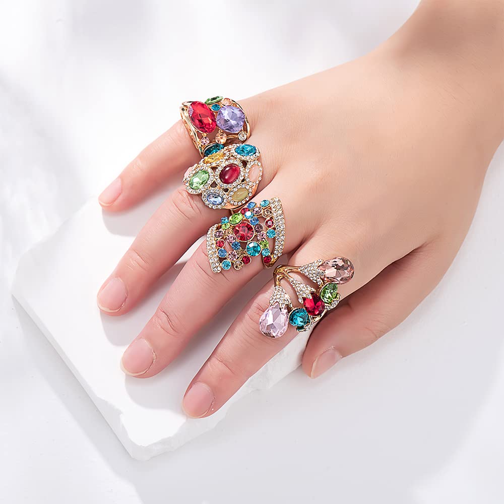 Ecesha 4 PCS/Set Gold Crystal Adjustable Statement Cocktail Rings Set Colorful Rhinestone Irregular Geometric Stretch Rings for Women