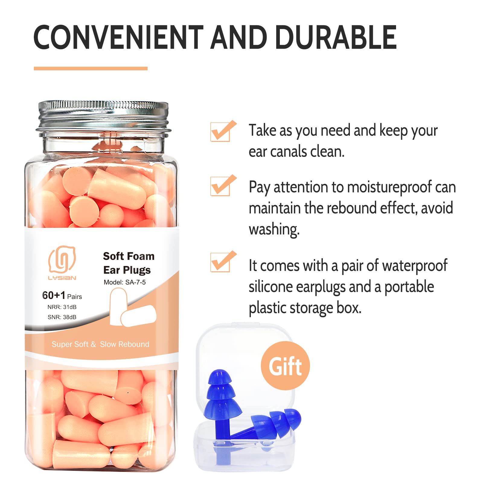 LYSIAN Ultra Soft Foam Earplugs for Sleep 38dB SNR, Noise Reduction Ear Plugs for Sleeping Noise Cancelling, Snoring, Shooting,Work,Plane-60 Pairs