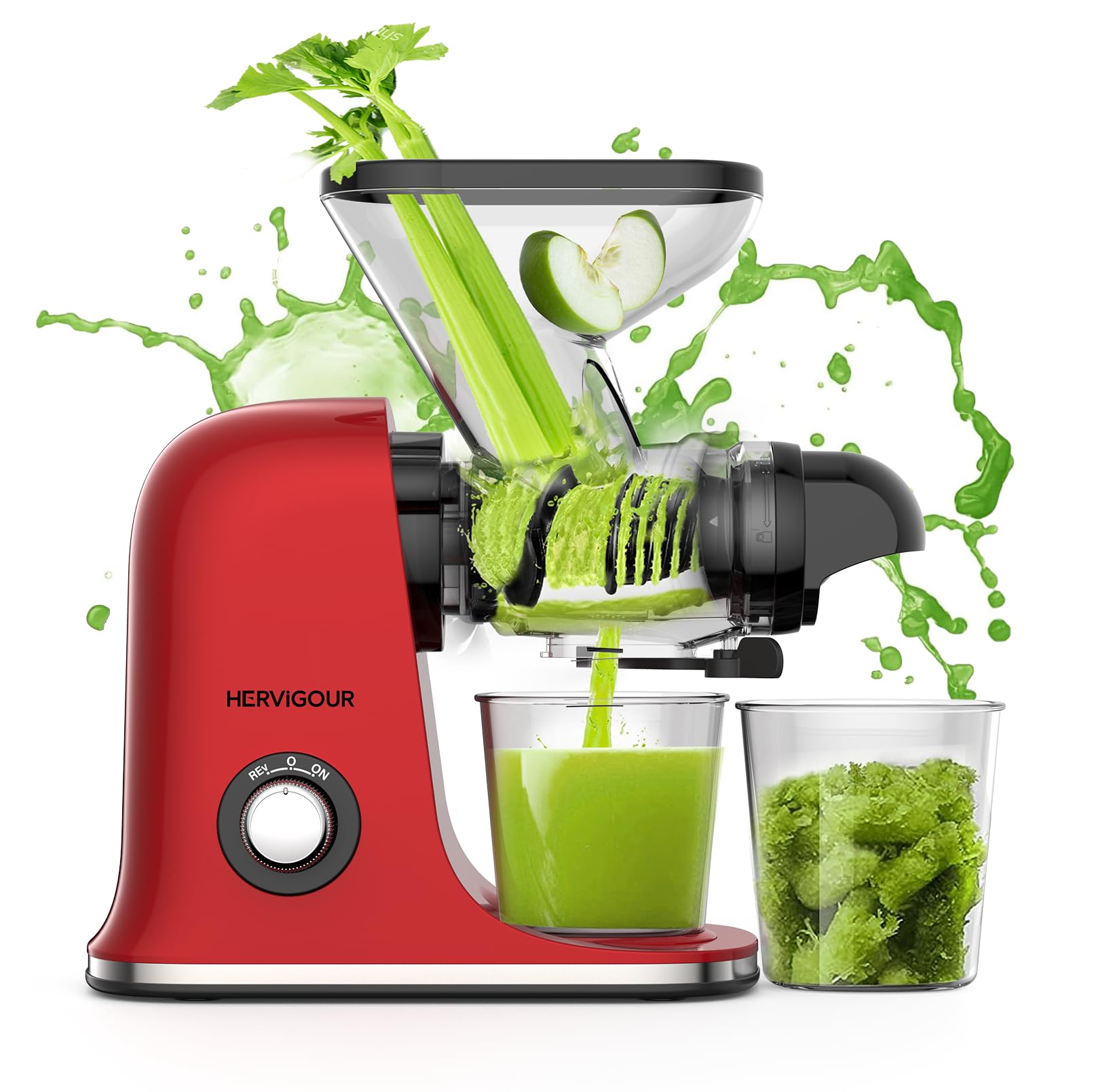 Hervigour Cold Press Juicer Machine, Dual Mouth Slow Masticating Juicer, Compact Design to Extract Juice from Fruits and Vegetables, Celery and Wheatgrass Juice Maker, Easy to Clean, BPA Free (Red)
