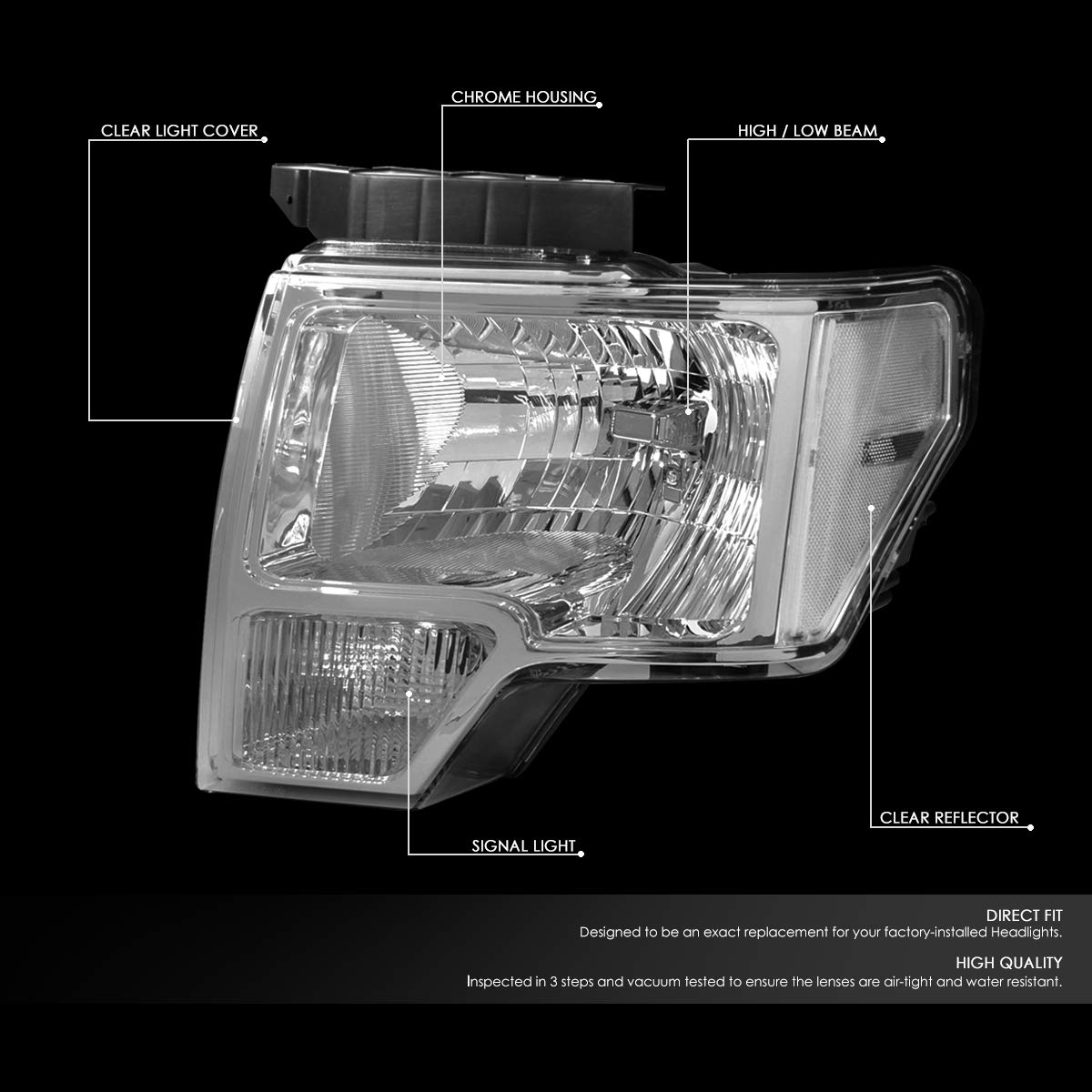 DNA MOTORING HL-OH-F1509-CH-CL1 Chrome Housing Headlights Replacement Compatible with 09-14 F-150