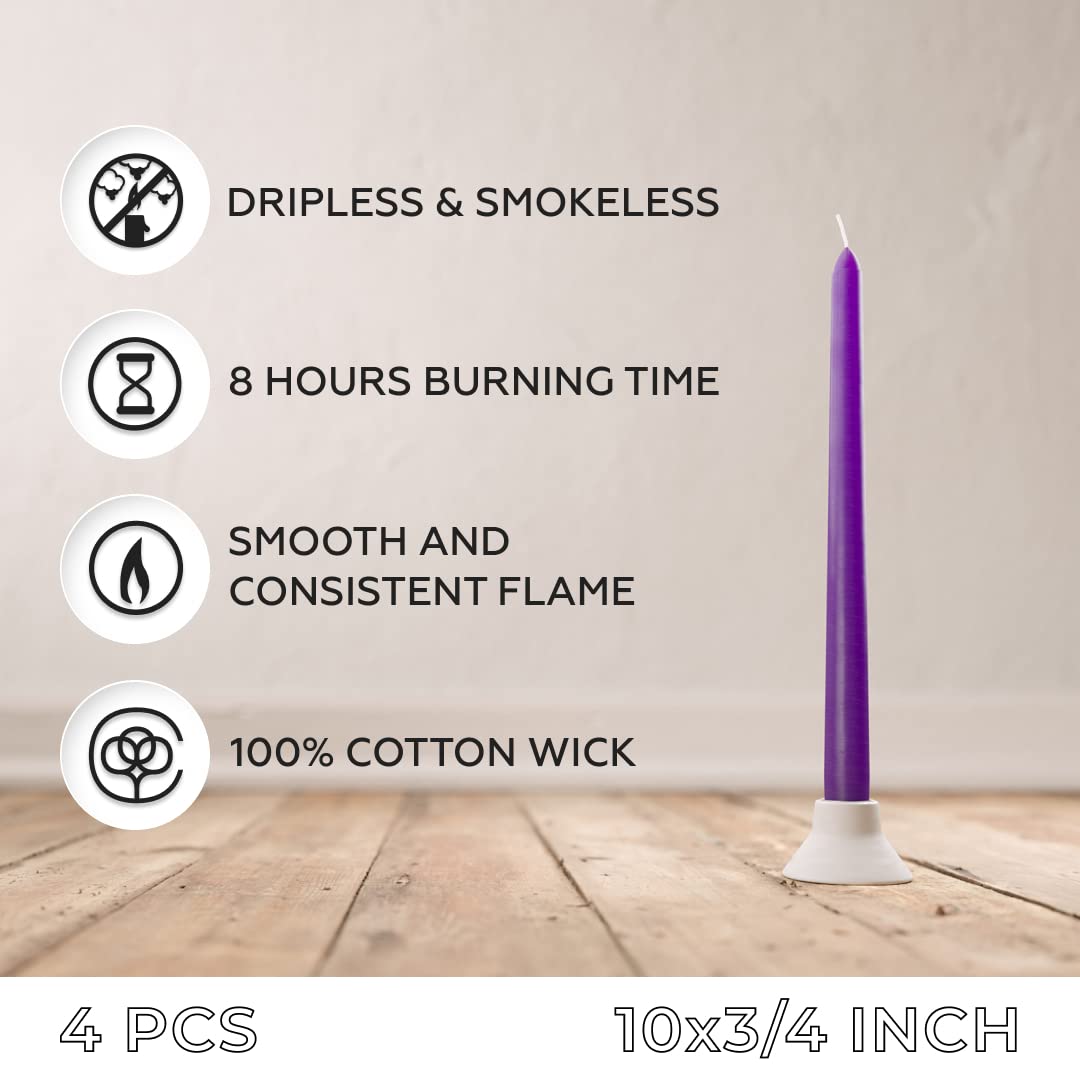 Sonedly 10 inch Taper Candle 4 Pack - Home Interior Long Burning Dripless and Smokeless Candles Unscented - Tapered Candles for Home - 8-Hour Burning Purple Candles