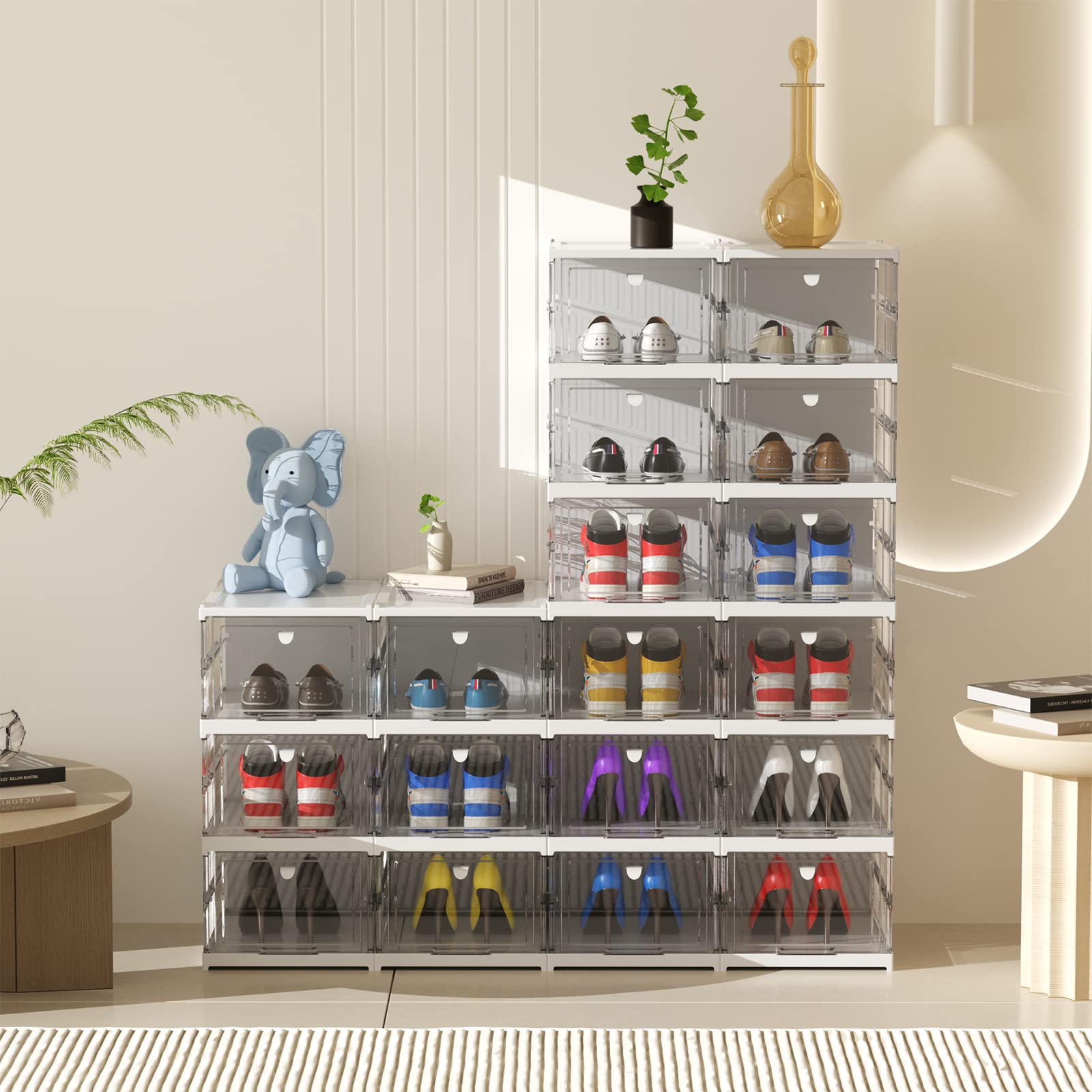 TIDYAVE Shoe Boxes Clear Plastic Stackable, Shoe Storage Organizer Boxes Easy Installation All in One Shoe Box with Doors 6 Tier Foldable Shoe Box Space Saving for Closet Entryway Containers Bins