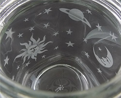 IncisoArt Hand Etched Glass Jar Airtight Canister Sandblasted (Sand Carved) Handmade Engraved Locking Wire Clamp Lid (Sun Moon Stars Planets, 38 Ounce)