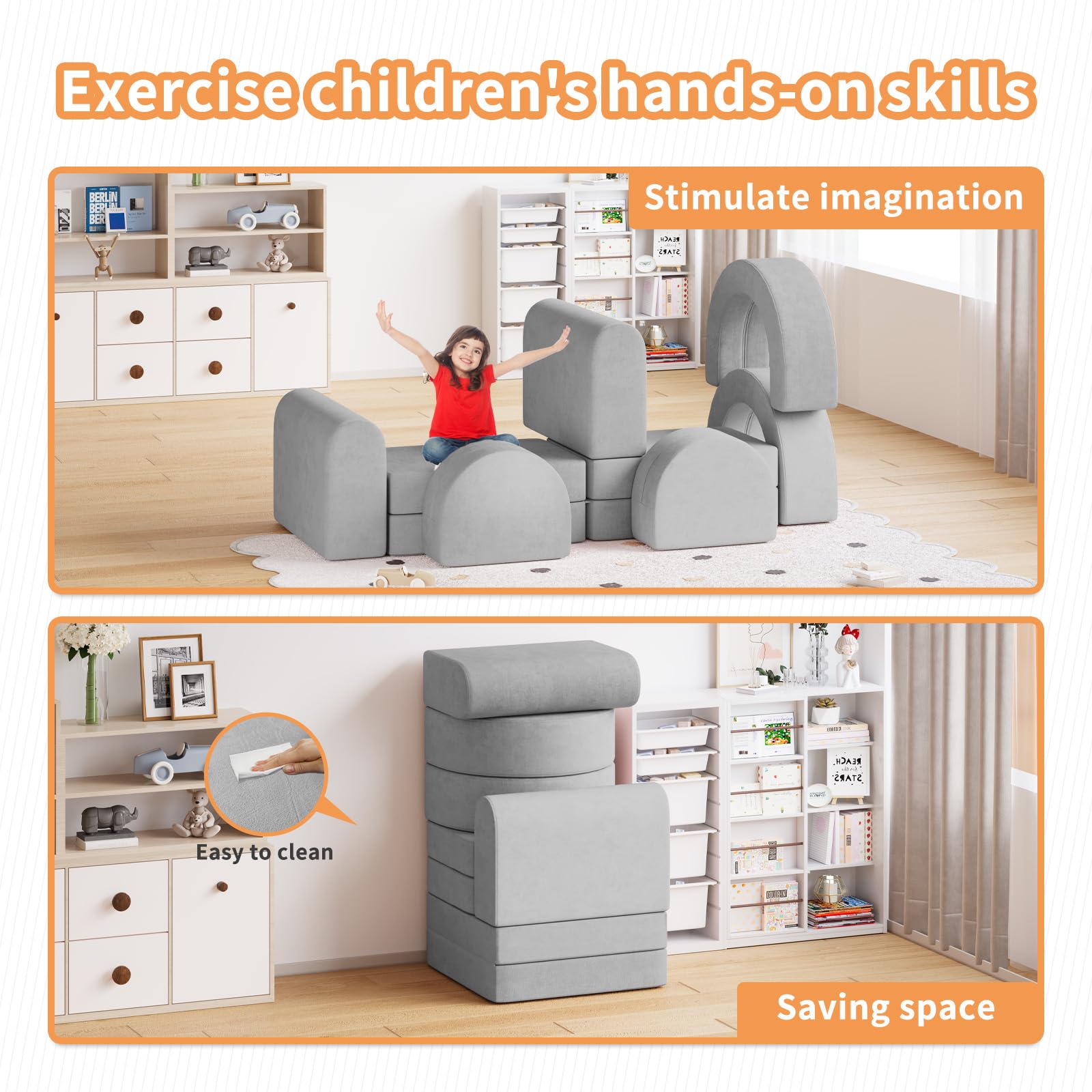 MOOITZ Modular Kids Play Couch, 10pcs Kids Play Couch for Playroom Bedroom, Convertible Modular Toddler Couch, Creative Kids Foam Sofa for Boys and Girls-Grey