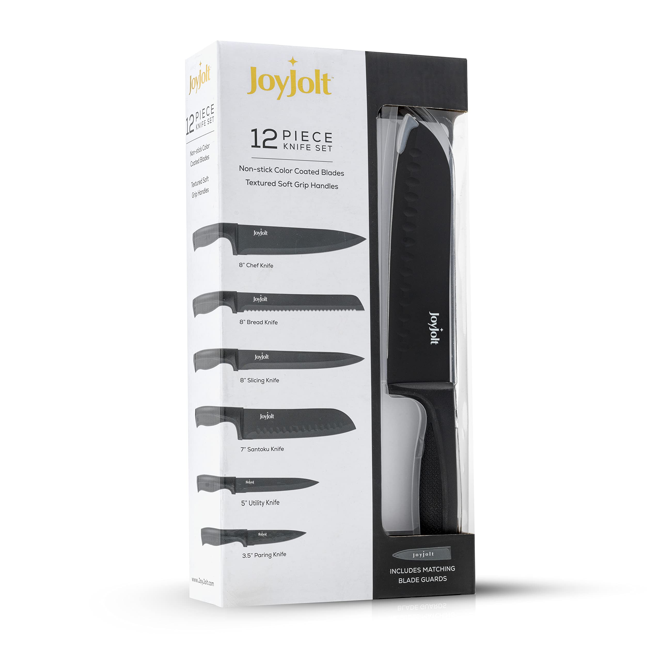 JoyJolt 12pc Kitchen Knives Set (Black). Chefs Knife Set with Sheath Covers. Chef, Butcher, Bread, Slicing, Santoku, Utility and Paring Home And Kitchen Knives Sets