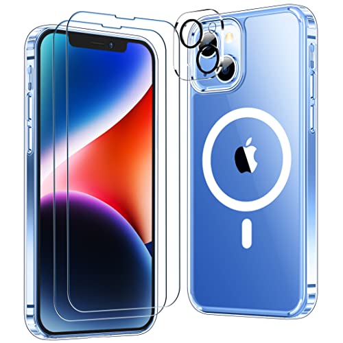 Red2Fire Magnetic for iPhone 15 Plus Case for iPhone 14 Plus Case Clear, [Compatible with Magsafe][2X Glass Screen Protector+Camera Lens Protector][Not Yellowing] Slim Phone Case 6.7 inch - Clear