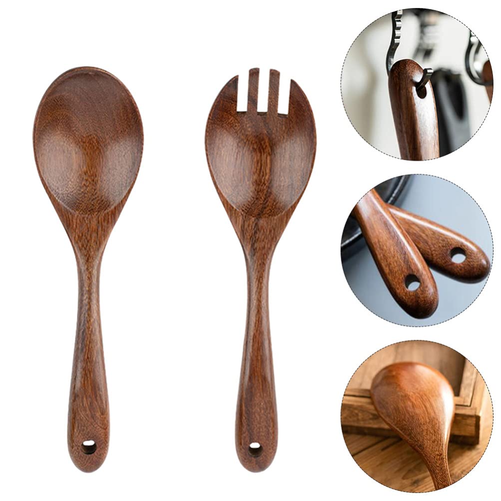 Hemoton Griddle 2pcs Wooden Salad Spoon Household Tablespoon Kitchen Utensils