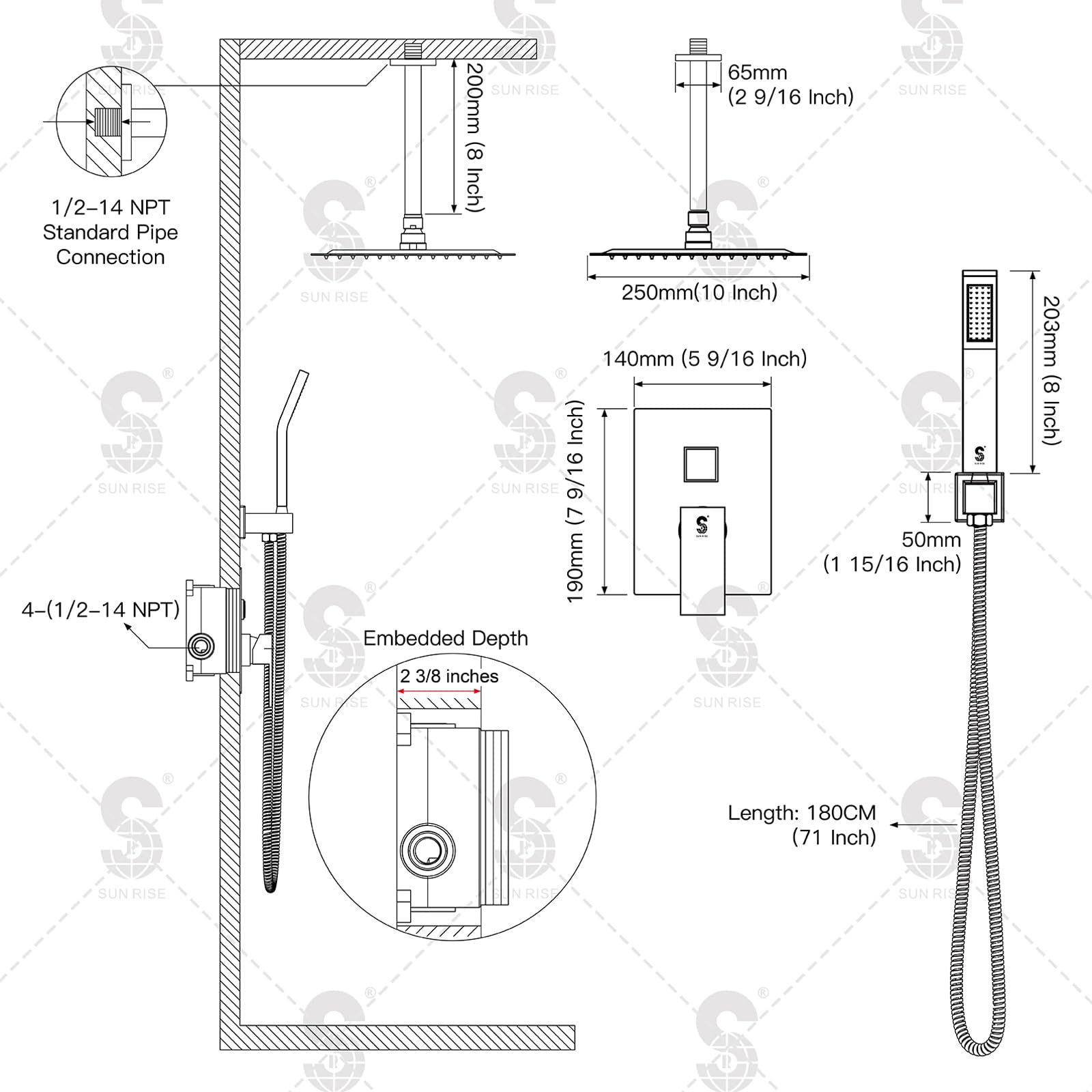 SR SUN RISE SRSH-C1003 Ceiling Mount Bathroom Luxury Rain Mixer Shower Combo Set Rainfall Shower Head System 10 Inch Polished Chrome (Contain Shower Faucet Rough-In Valve Body and Trim)