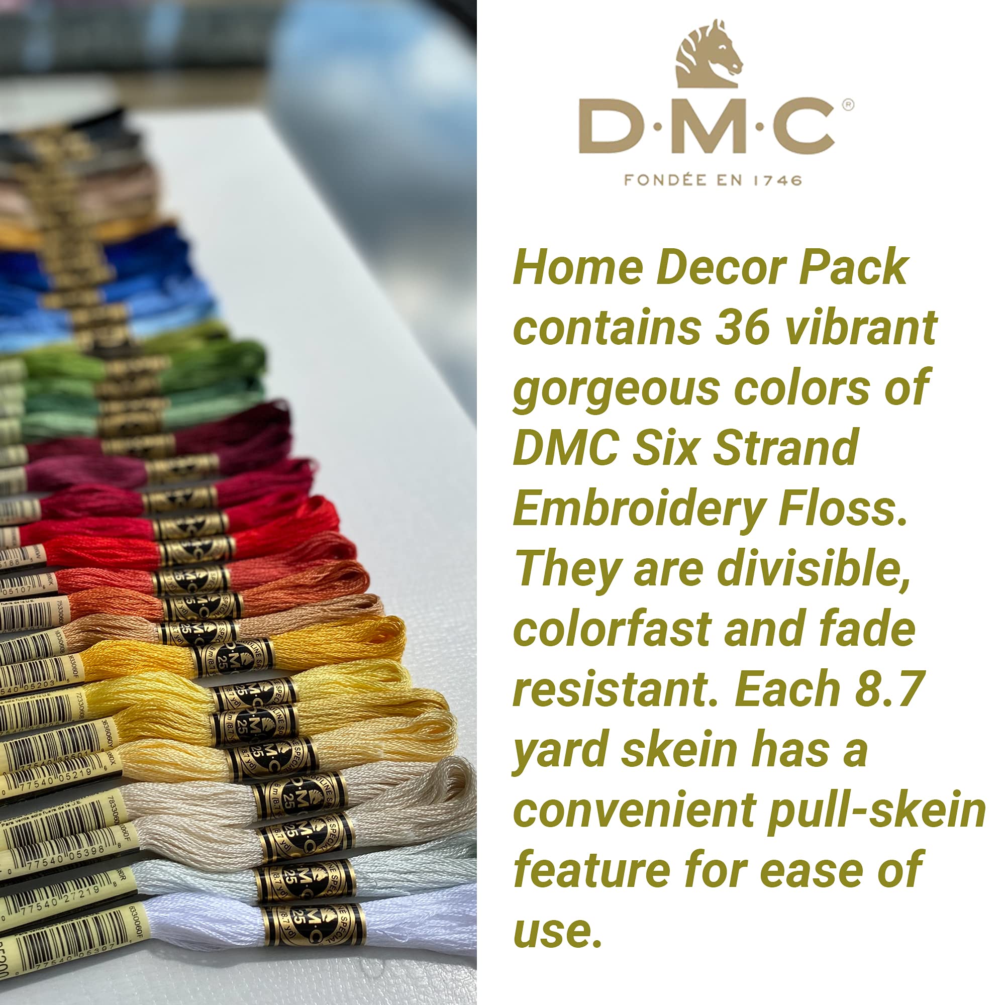 DMC Home Decor Embroidery Floss Set, Assortment Pack of 36 Cotton Thread Kit Bundle with Hand Embroidery Needle Size 3/9 and Threads of DMC Black/White.Cross Stitch String, Yarn Supplies