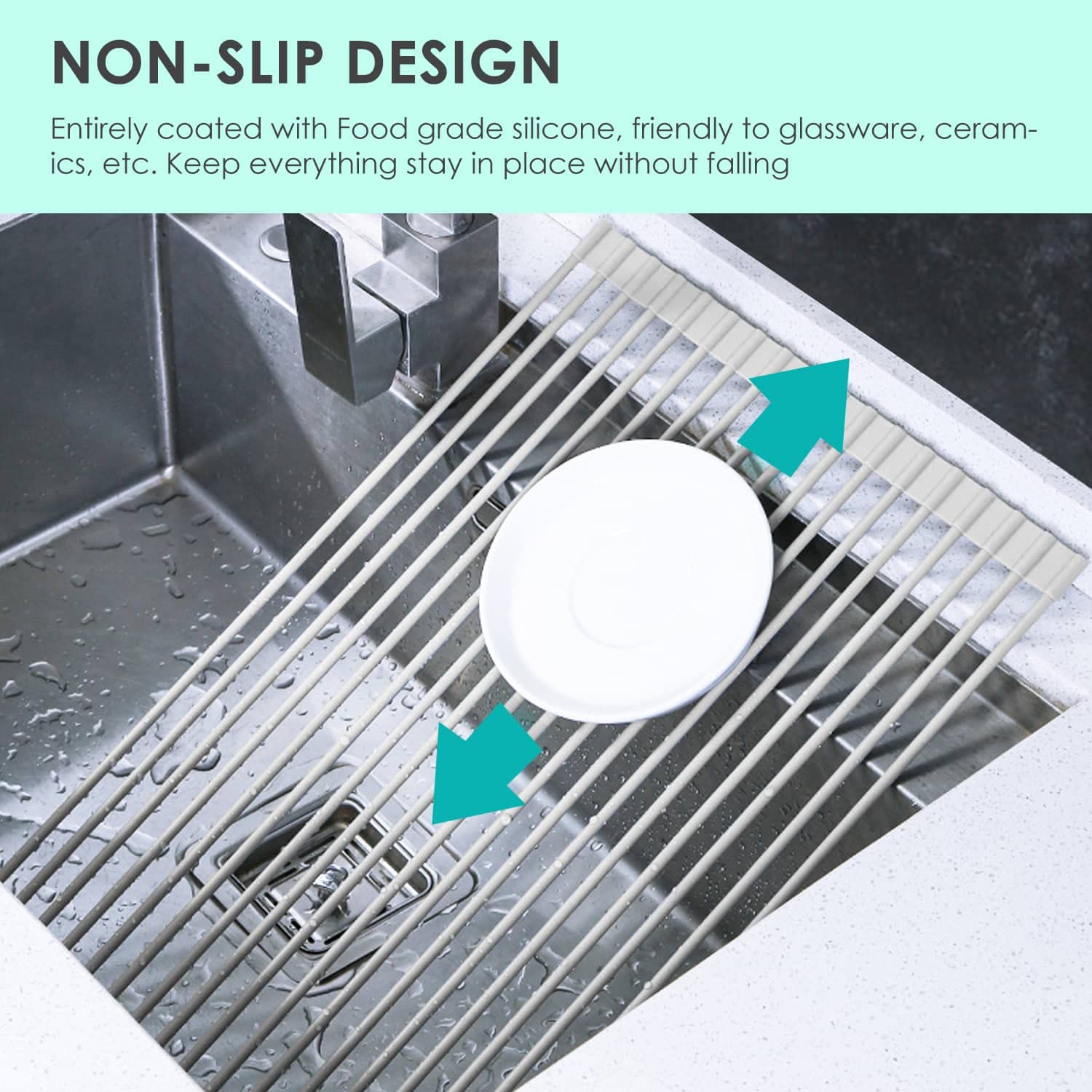 Geeyoung 17" x 13" Over The Sink Roll Up Dish Drying Rack - Food Safe Grade Silicone Wrapped Stainless Steel Dish Dying Rack - Foldable Roll Up Sink Drying Rack (Gray)
