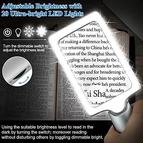 Magnifying Glass with Light, 4X 10X Magnifier with 20 Anti-Glare and Dimmable LED Lights Provides Evenly-Lit Viewing Area for Low Vision Seniors