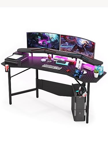 PAKASEPT Gaming Desk with Led Lights, 70.9” Large Wing-Shaped Desk, Carbon Fiber Surface Gaming Table with Monitor Stand, Headphone Hanger & Cup Holder & Dual Slots