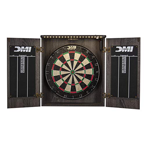 DMI Sports Paris Bristle Dartboard Cabinet Sets - Includes LED Lighting or Electronic Scoring Option, Rustic Grey (D4400W)