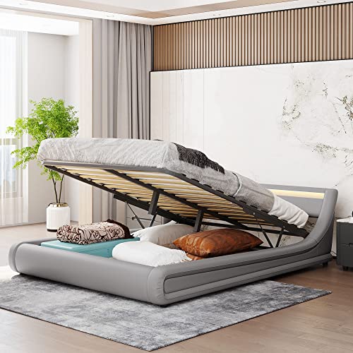 MACHOME Queen Size Faux Leather Upholstered Platform Bed with Hydraulic Storage System, with LED Light Upholstered Headboard, Bedframe w/Wood Slat Support, for Bedroom, Kids Room, Guest Room, Gray
