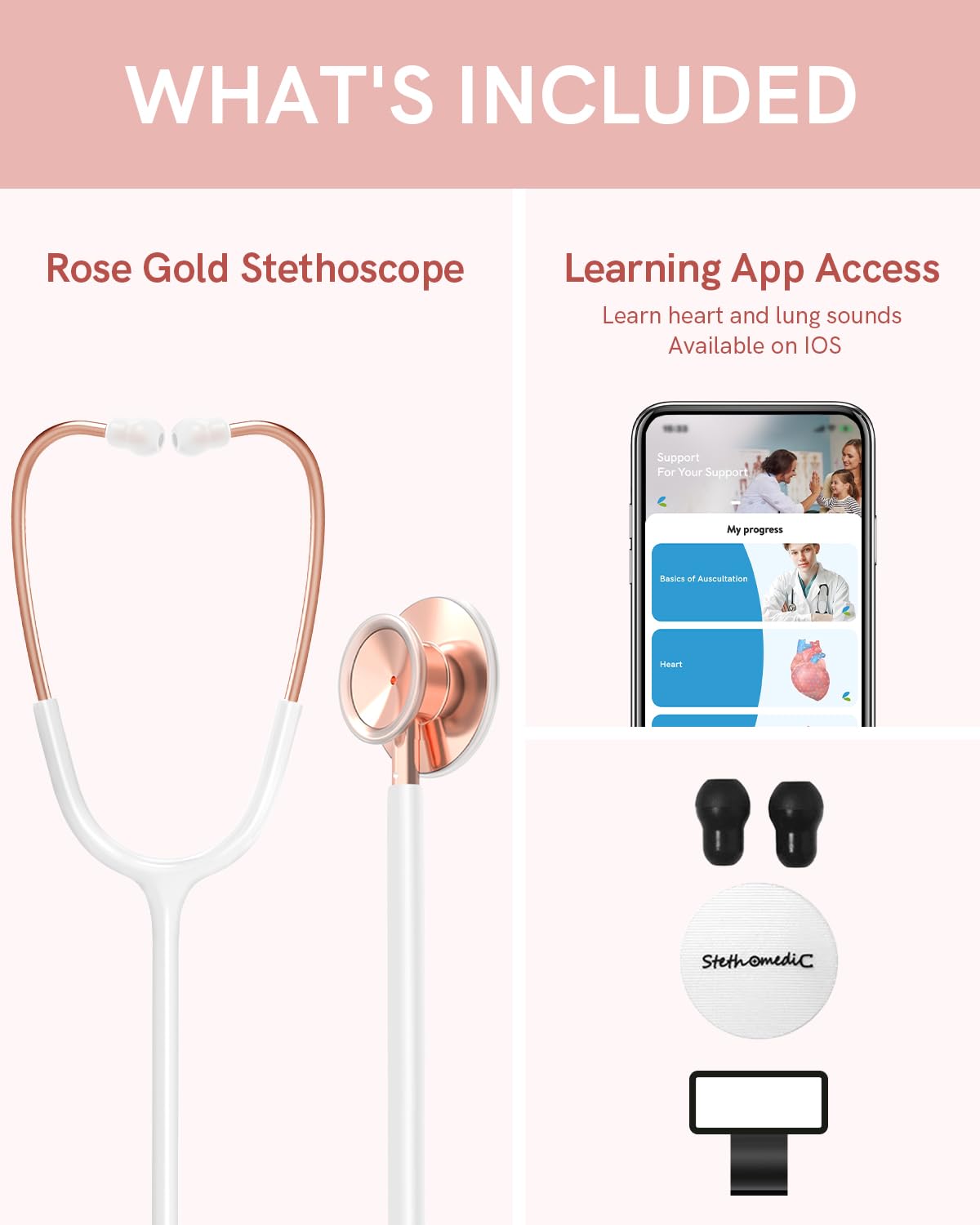 FriCARE Rose Gold Stethoscope - Gorgeous Stethoscopes for Nurses, RN, Nursing School Students - Dual Head Estetoscopio for Professionals, StethoMedic Essentials, Nurses Day Gift, White Tubing, 29 inch