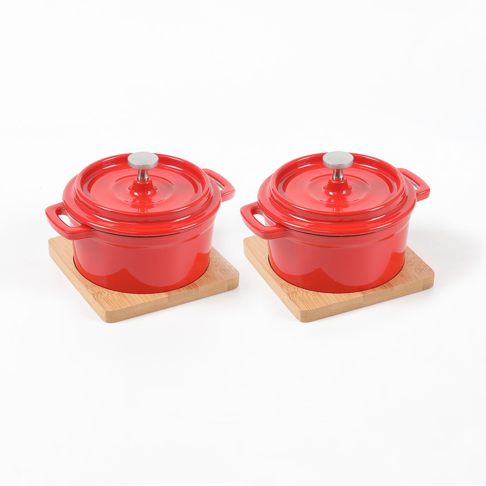 HAWOK Enameled Cast Iron Mini Round Cocotte Set, 0.3QT Mini Dutch Ovens with Lids and Bamboo Trays, 270ml/9.13oz/1.08cups, Set of 2, Red