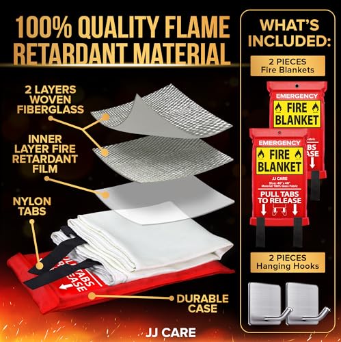 JJ CARE Fire Blanket β 2 Packs with Hooks β Emergency Fire Blanket for Home & Kitchen, High Heat Resistant Fire Suppression Blankets for Home Safety, Kitchen, and Camping
