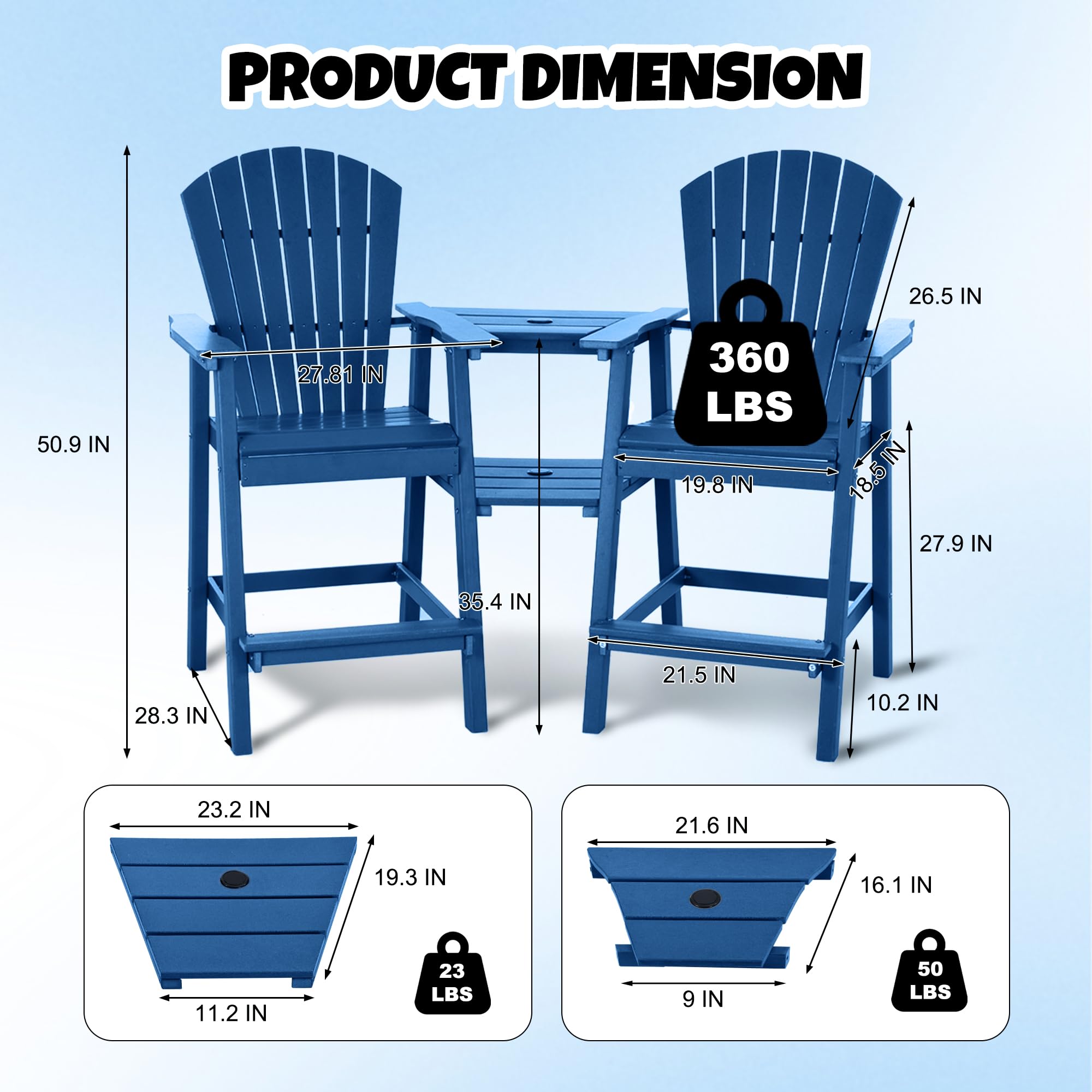 NCGVKS Tall Adirondack Chair Set of 2,HDPE Balcony Chair with Double Connecting Tray,Adirondack Bar Stools Weather Resistant Poly Deck Chairs for Patio Backyard Poolside 360LBS Capacity Blue