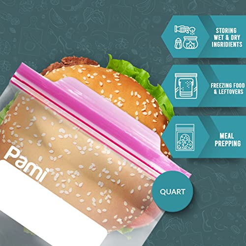 PAMI Double Zip Food Storage Quart Bags [75 Pieces] - Leakproof Freshness-Lock Bags With Expandable Bottom- Food-Safe Zipper Bags With Write On Label- Thick & Reusable Sandwich Bags