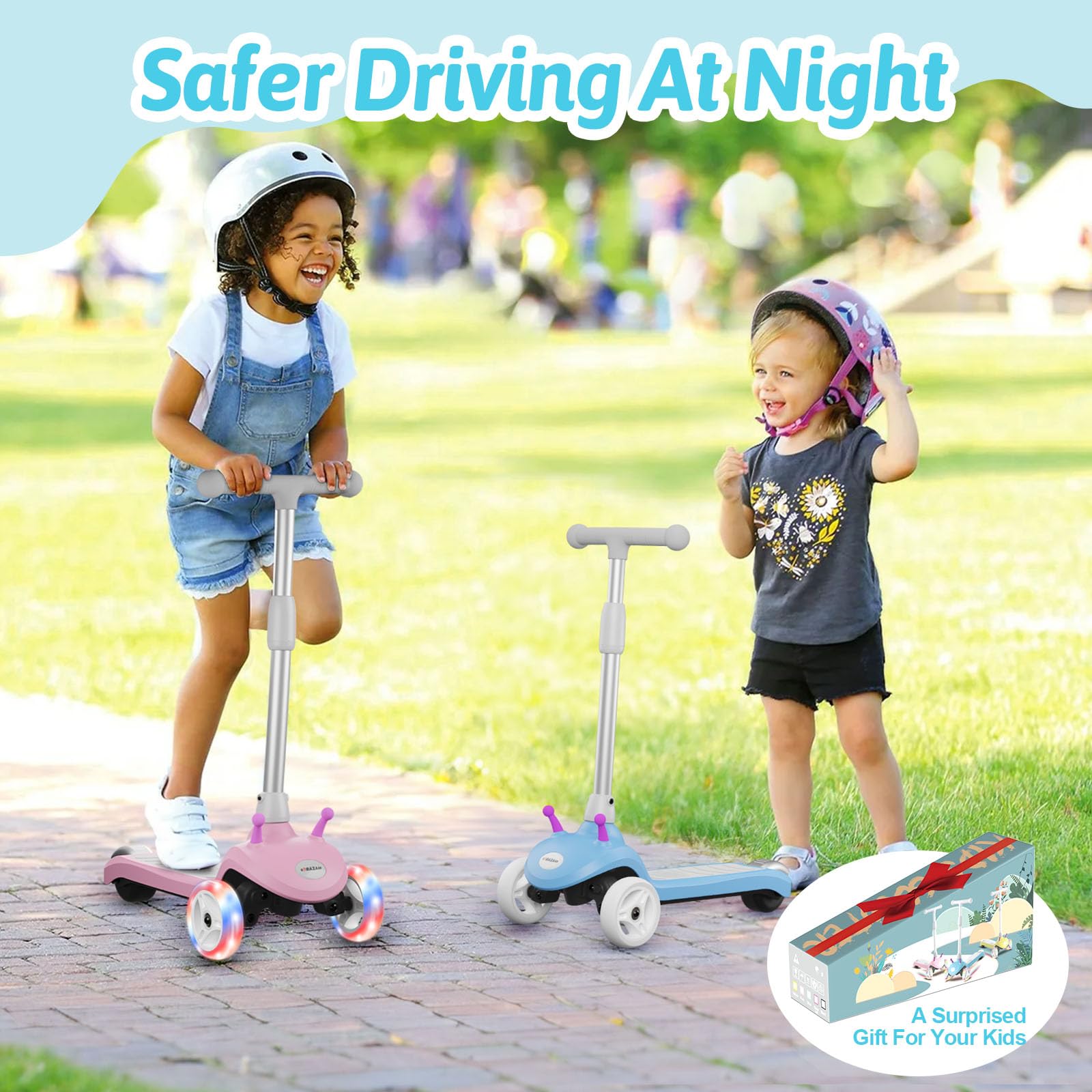 Electric Scooter for Kids Gobazaar, LED Light-up Wheels, 3 Height Adjustable, C-Shaped Handle, Lean-to Steer Design, 3 Wheel Scooter for Kids 2-10Y, Best Children's Gifts